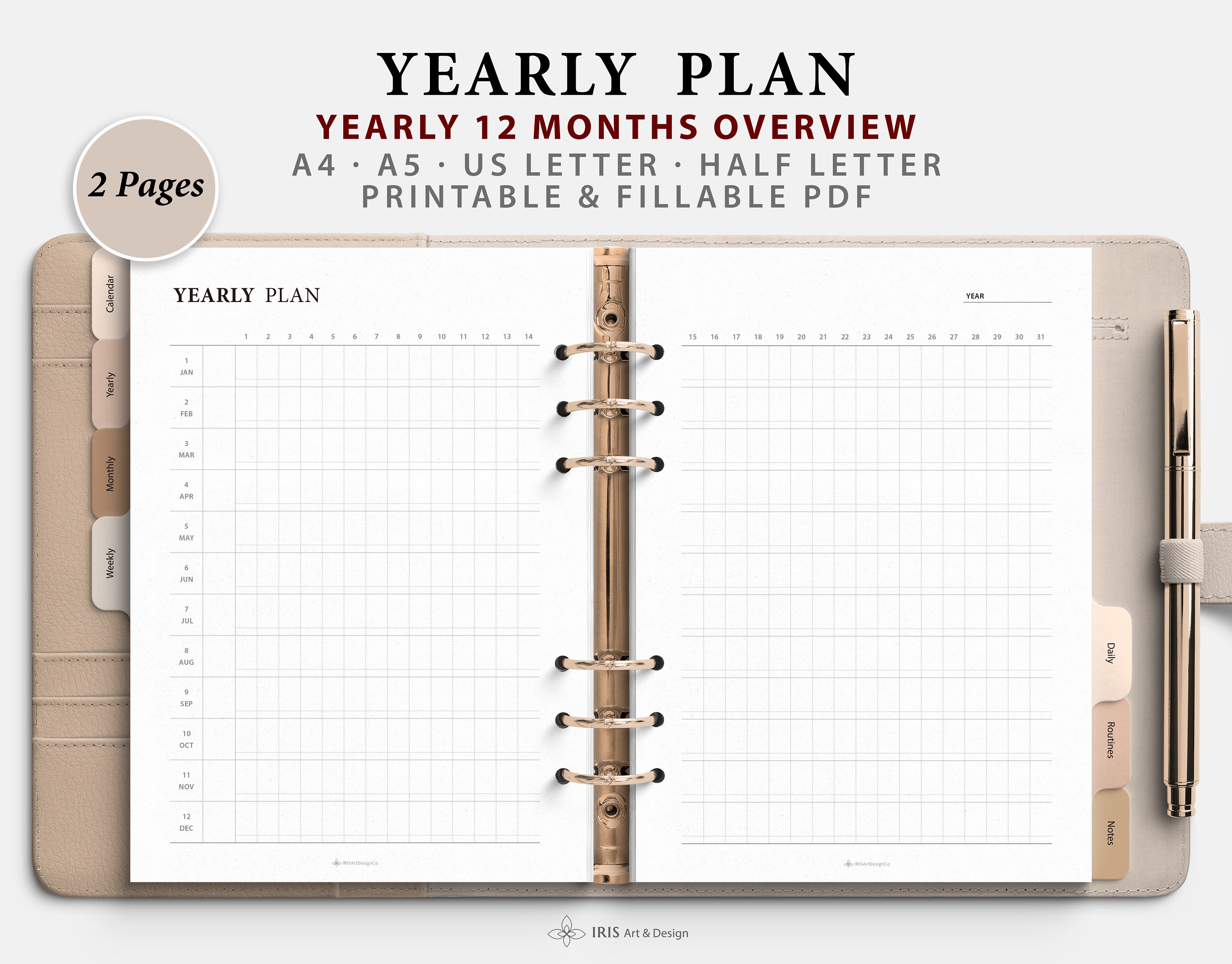 Yearly Planner Printable | Yearly 12 Months Overview Inserts | Yearly ...