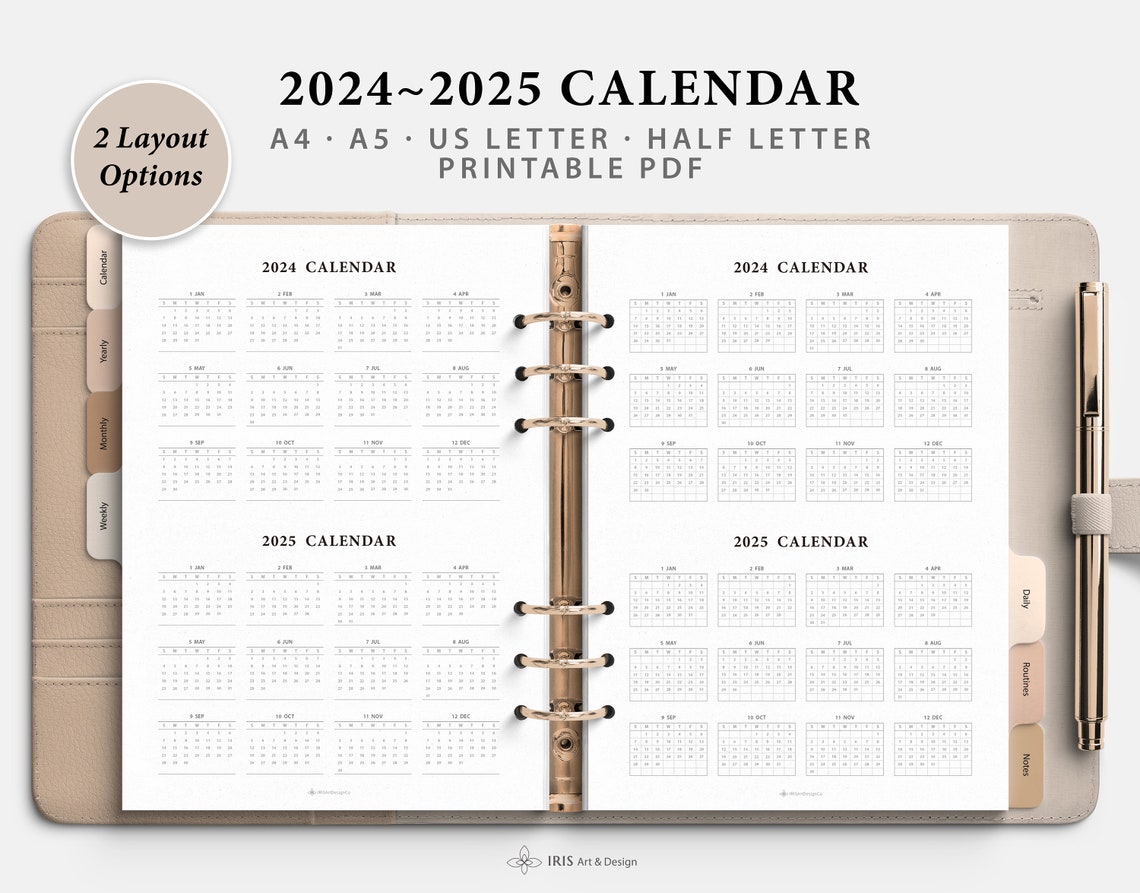 2024 2025 Year at a Glance Calendar Printable Two Year Calendar ...