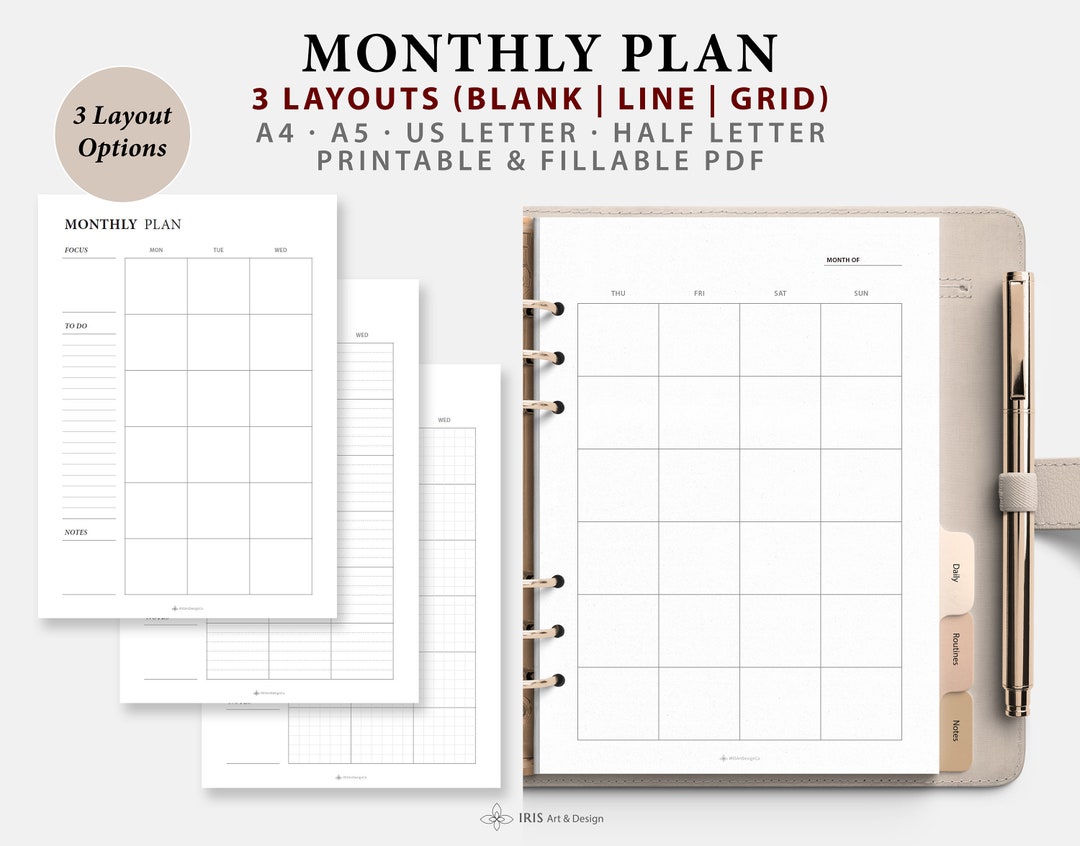 Undated Monthly Planner Printable 2 Pages | Monthly Overview A4 A5 ...