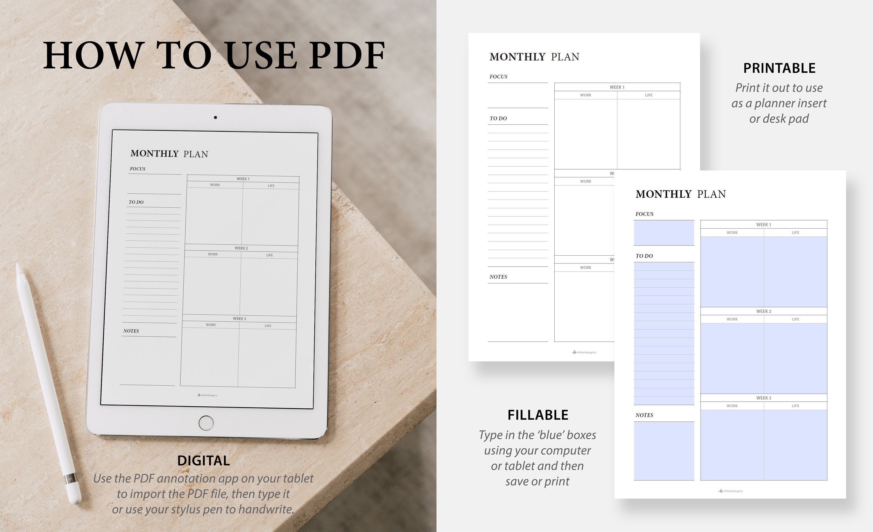 Monthly Planner Inserts Printable 2 Pages Monthly Work & Life to Do ...