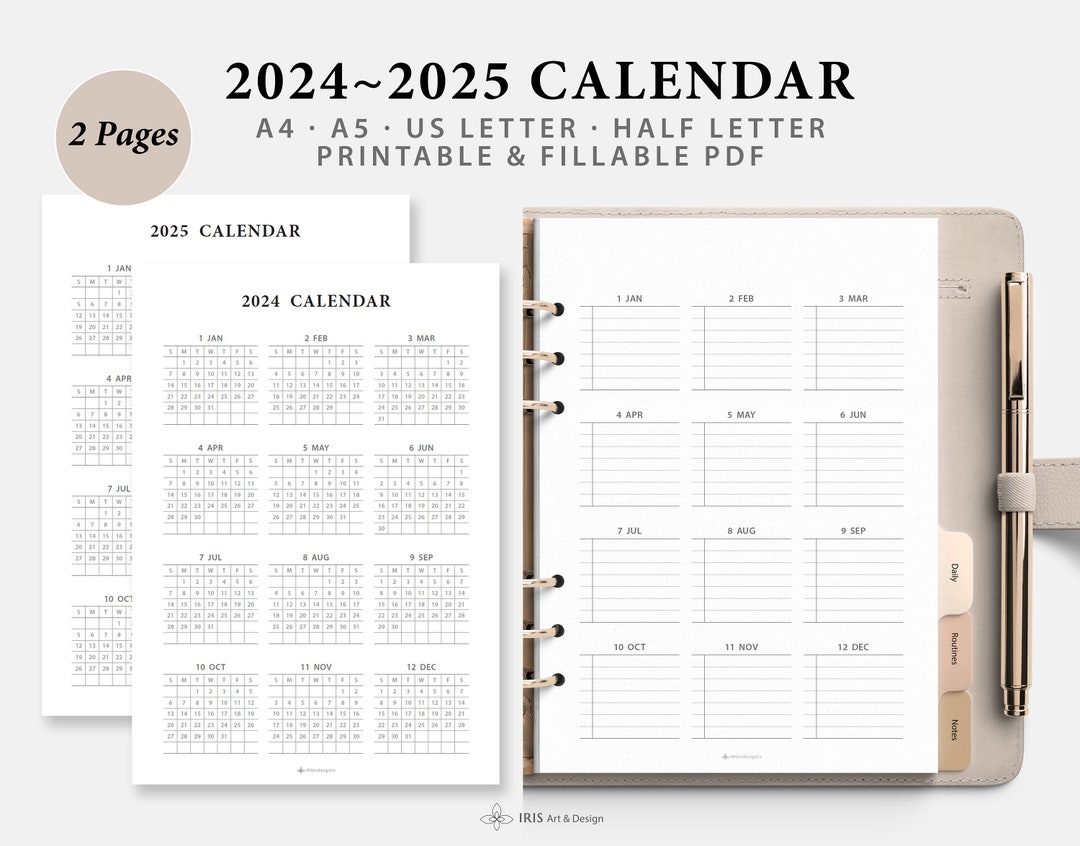Yearly Calendar Planner 2024 2025 | Year at a Glance Calendar Template ...