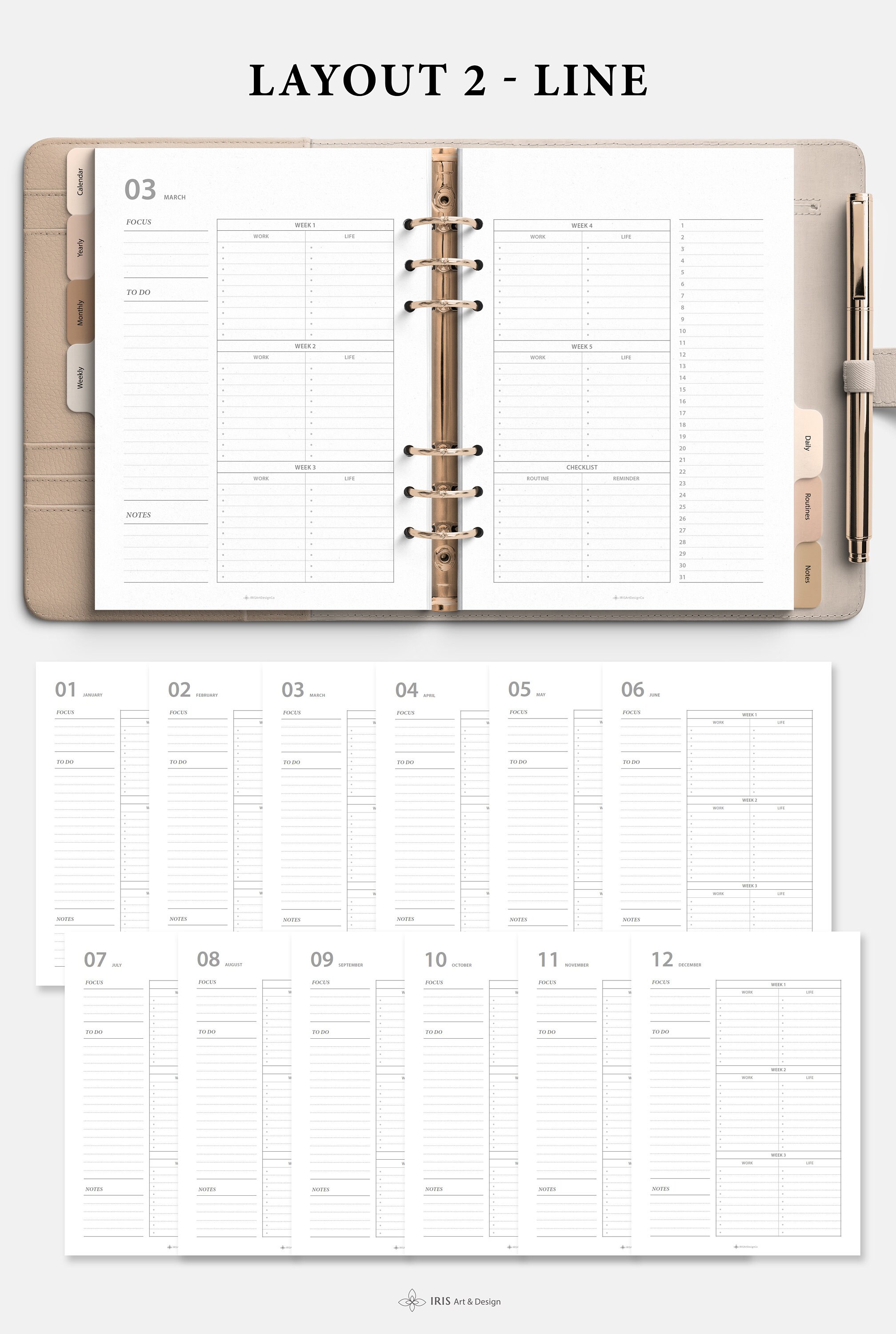 12 Months Monthly Planner Printable Refill 2 Pages Minimal Monthly ...