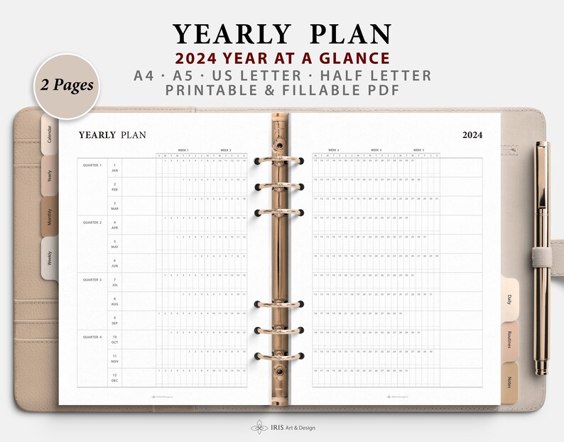 2024 Year at a Glance Printable Inserts Yearly 12 Months Overview ...