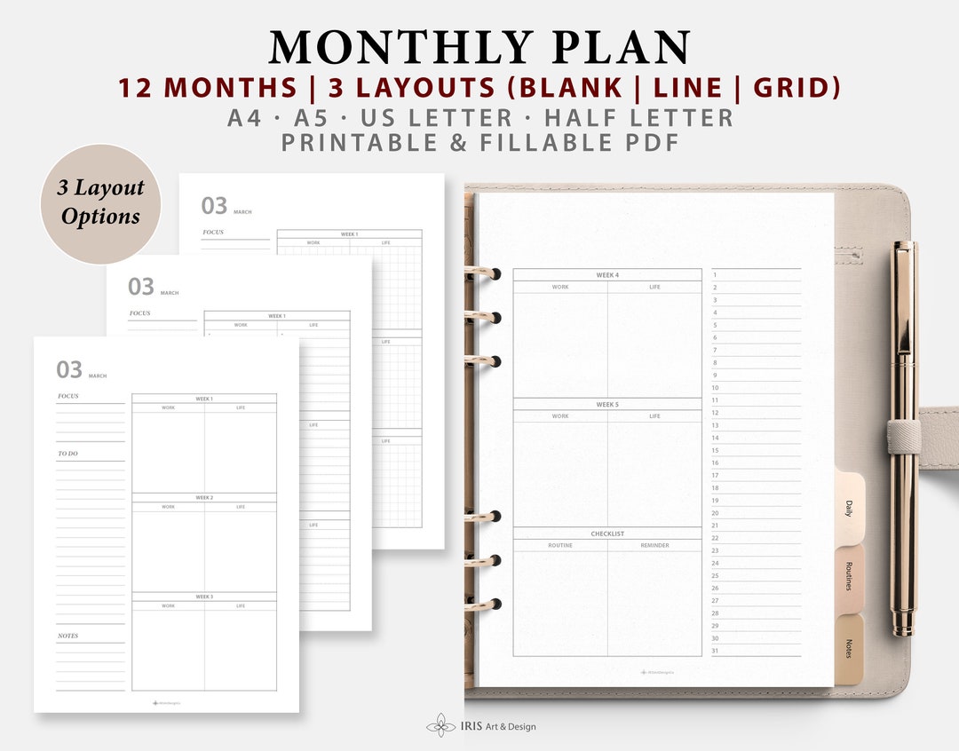 12 Months Monthly Planner Printable Refill 2 Pages Minimal Monthly ...