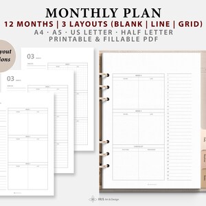 12 Months Monthly Planner Printable Refill 2 Pages Minimal Monthly ...