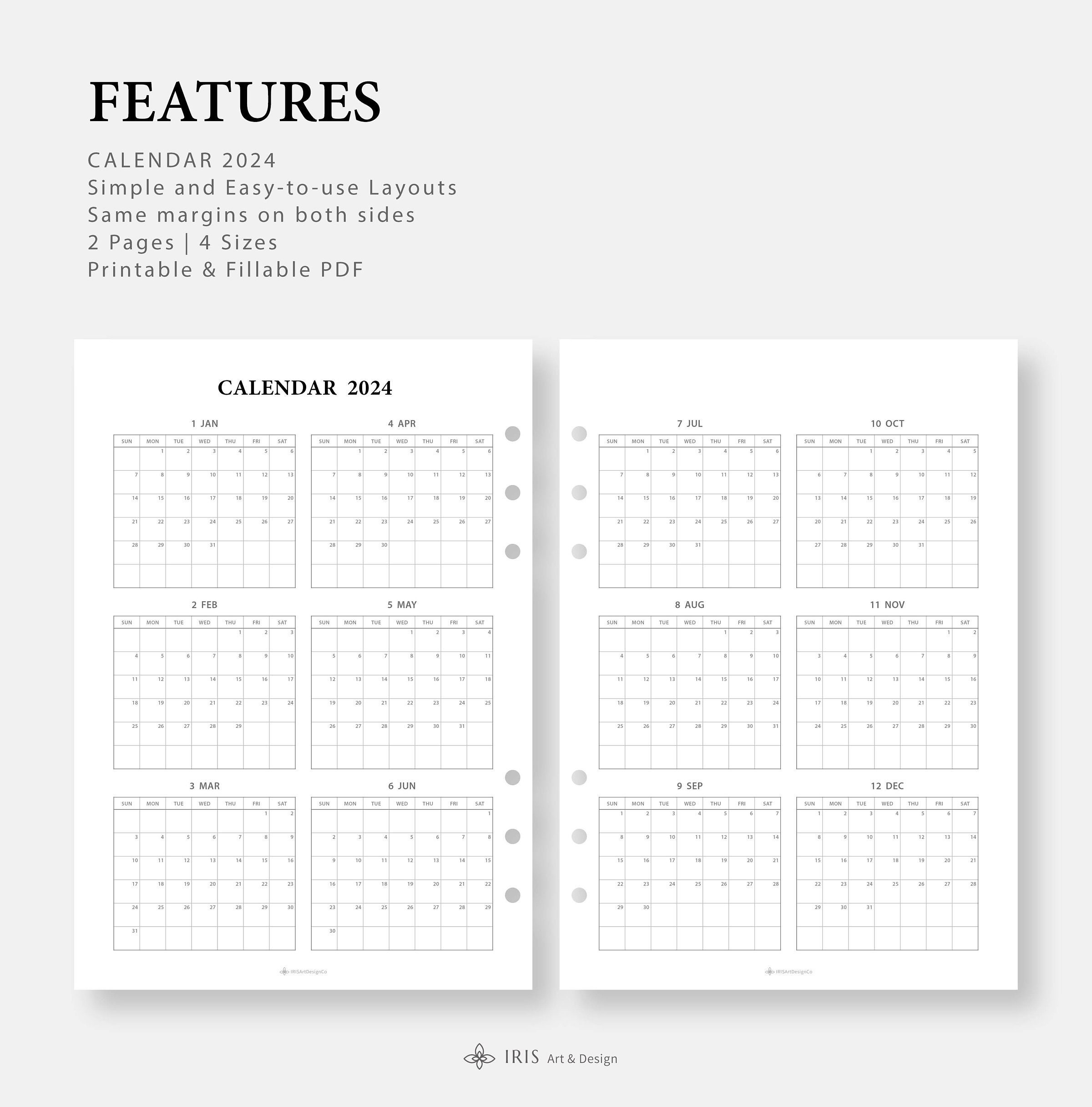Calendar 2024 Printable 12 Months Schedule Yearly Calendar Inserts Year ...