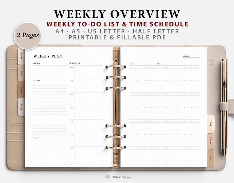 Weekly Planner 2 Pages Printable Week on Two Pages Weekly Overview Week ...