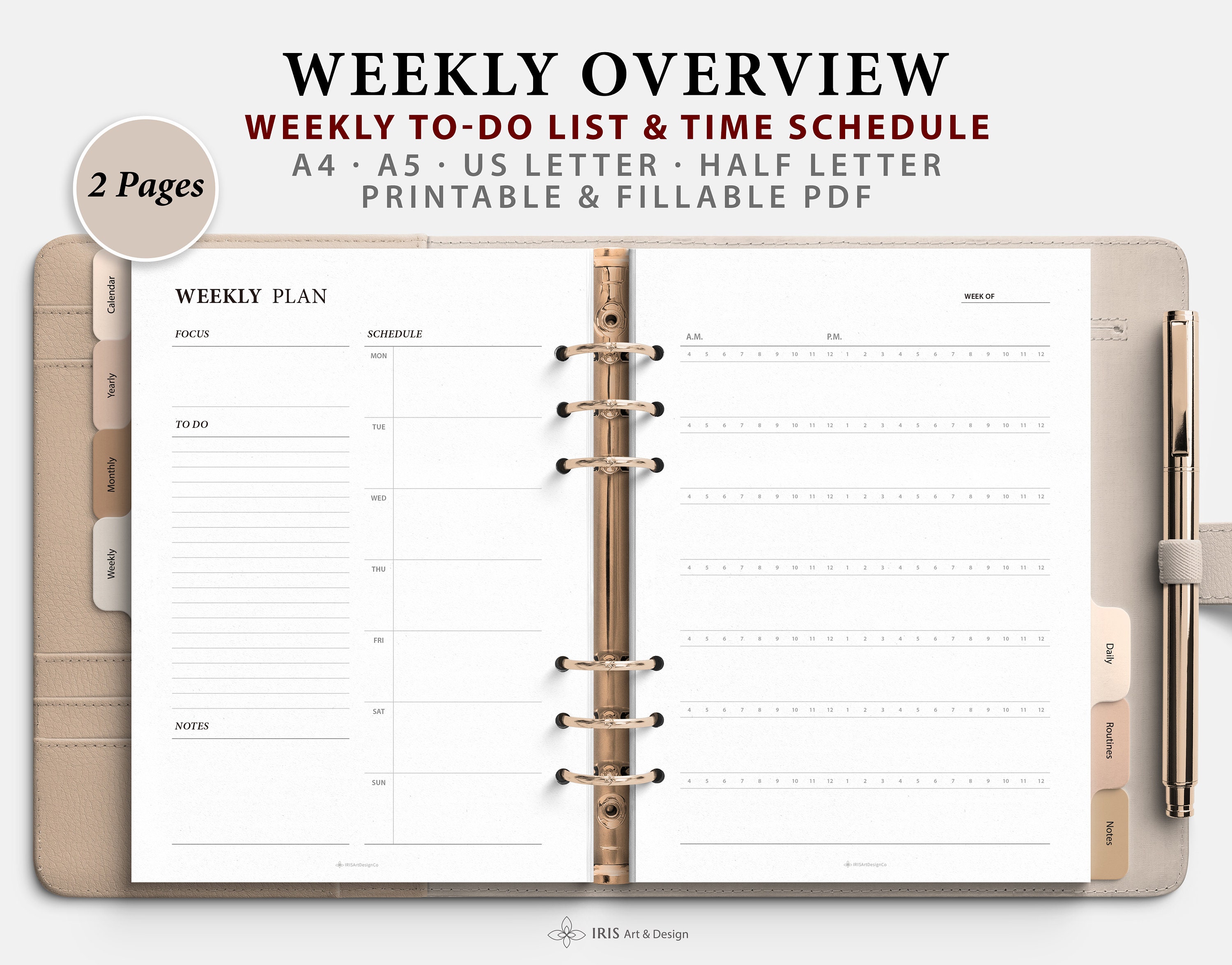 Weekly Planner 2 Pages Printable Week on Two Pages Weekly Overview Week ...