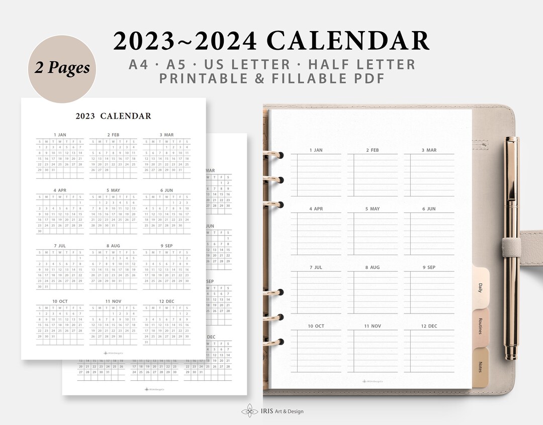 2023 2024 Yearly Calendar Planner | Year at a Glance Calendar Template ...