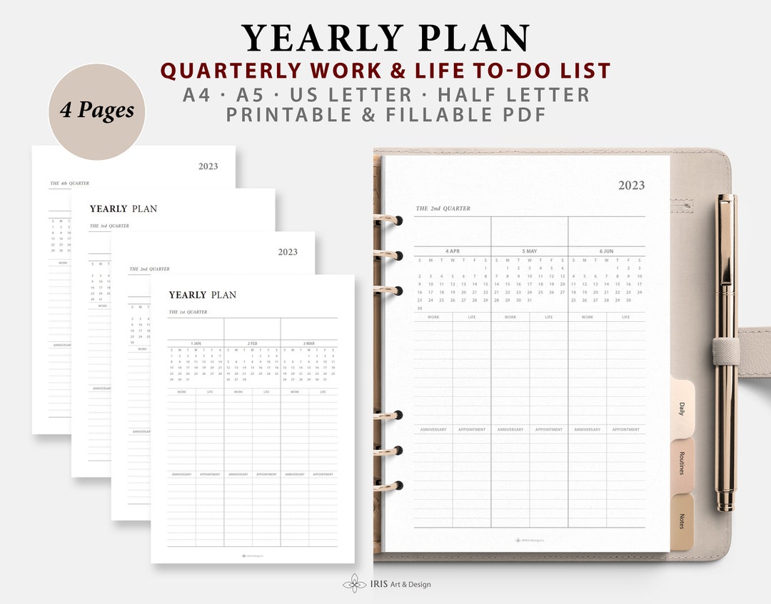 2023 Quarterly Planner Printable Inserts on 4 Pages Quarterly Work ...