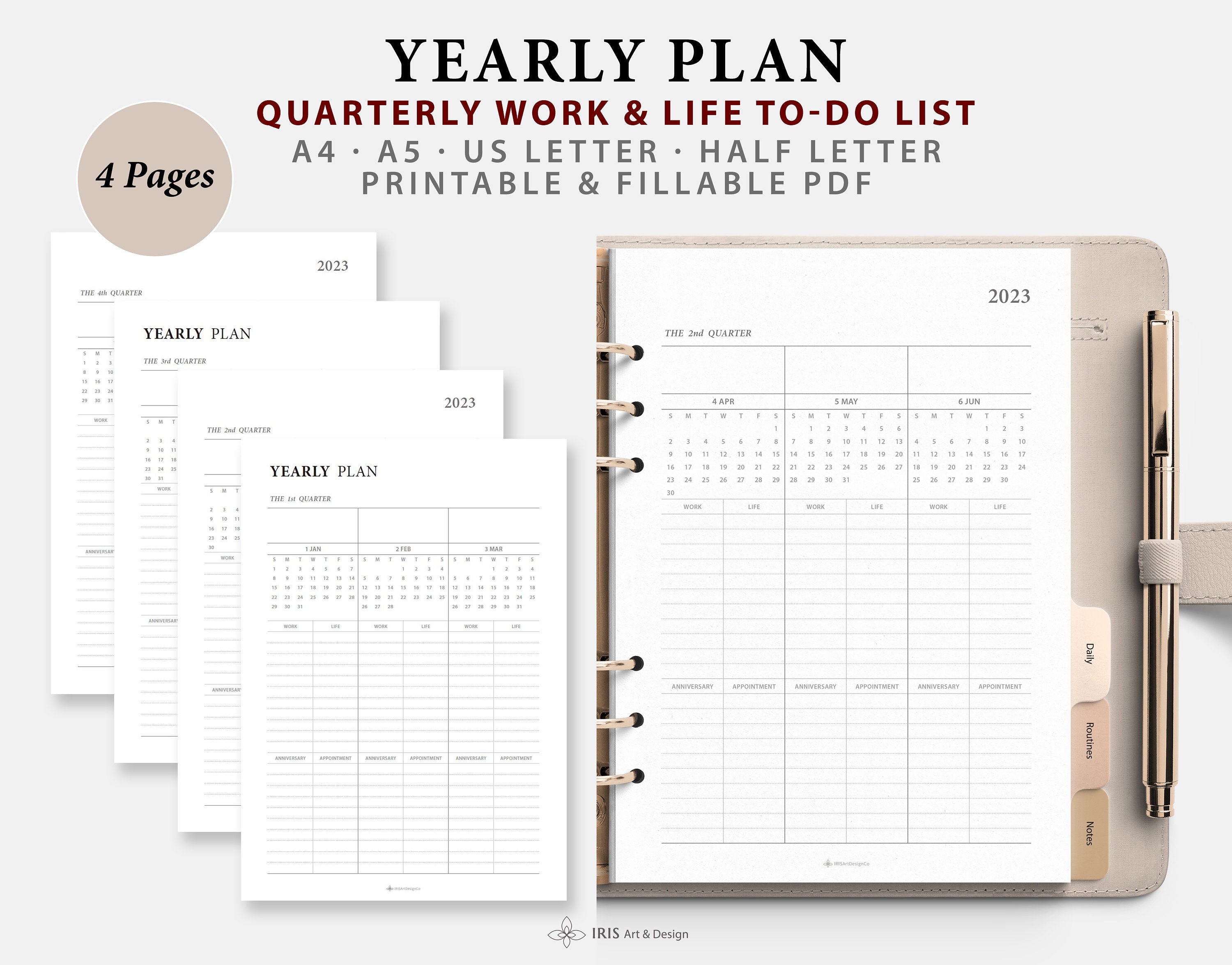 2023 Quarterly Planner Printable Inserts on 4 Pages Quarterly Work ...