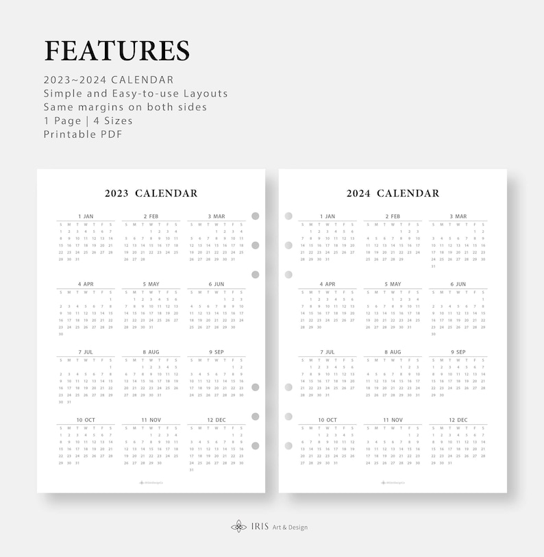 2023 2024 Yearly Calendar Printable Calendar PDF Inserts Annual ...
