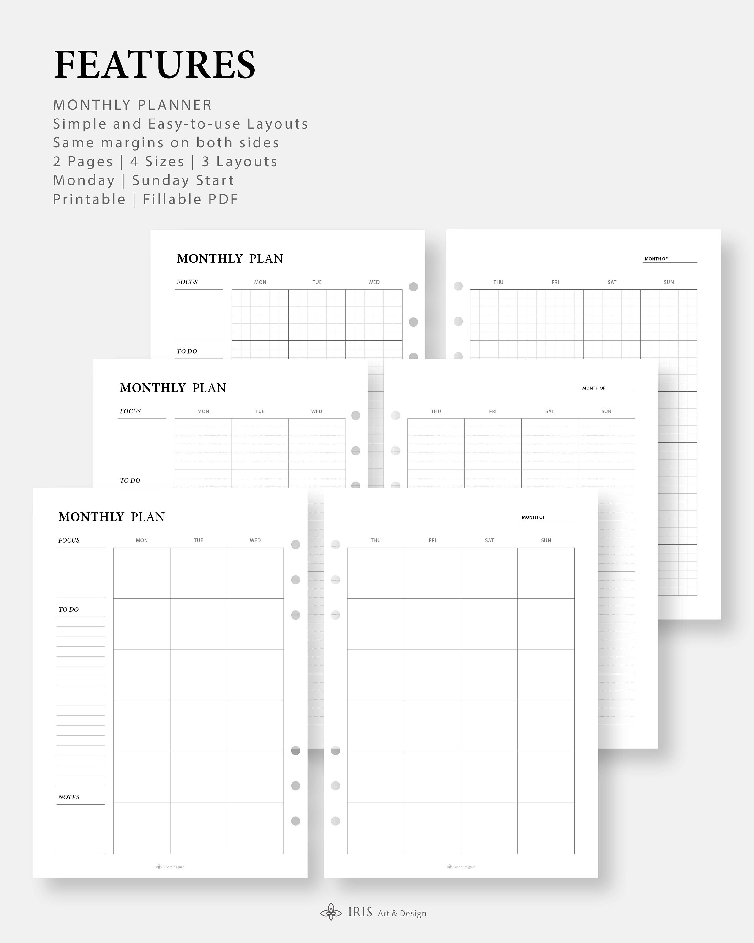 Undated Monthly Planner Printable 2 Pages | Monthly Overview A4 A5 ...