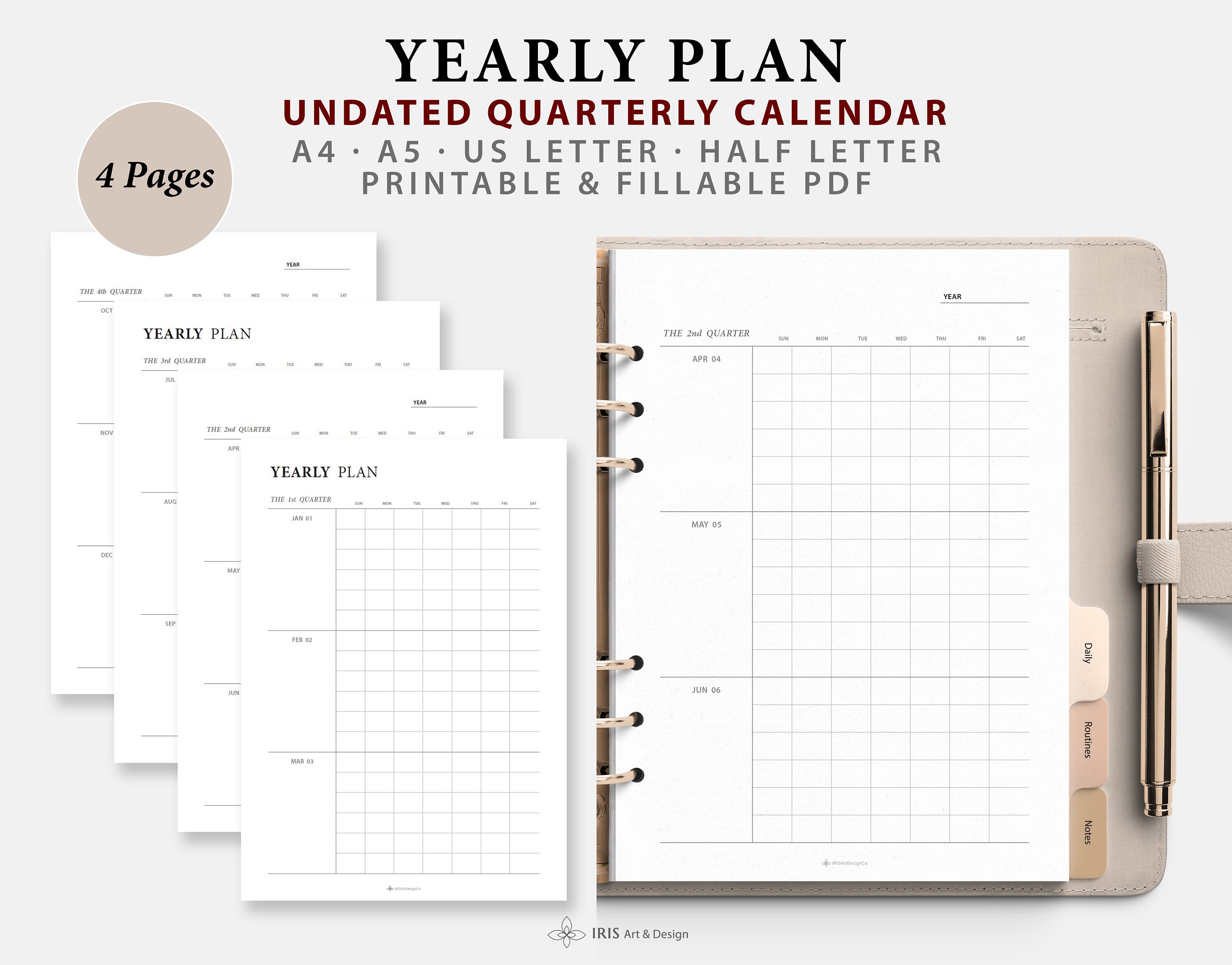 Undated Quarterly Calendar Printable on 4 Pages Quarterly Planner ...