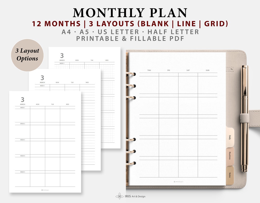 Undated 12 Months Monthly Planner Inserts 2 Pages | Monthly Calendar ...
