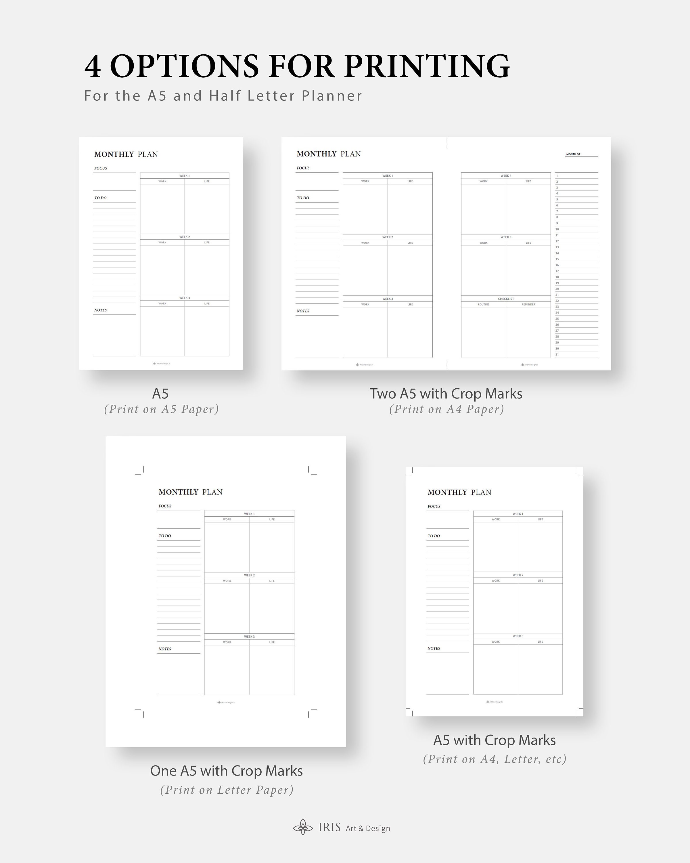 Monthly Planner Inserts Printable 2 Pages Monthly Work & Life to Do ...