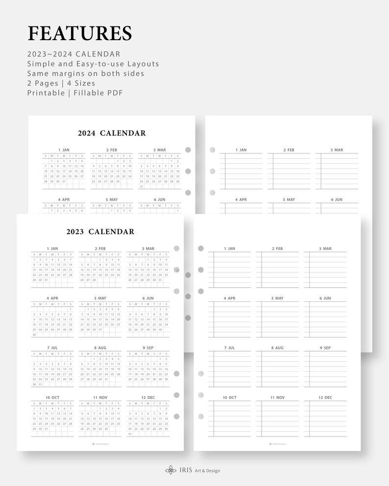 2023 2024 Yearly Calendar Planner | Year at a Glance Calendar Template ...
