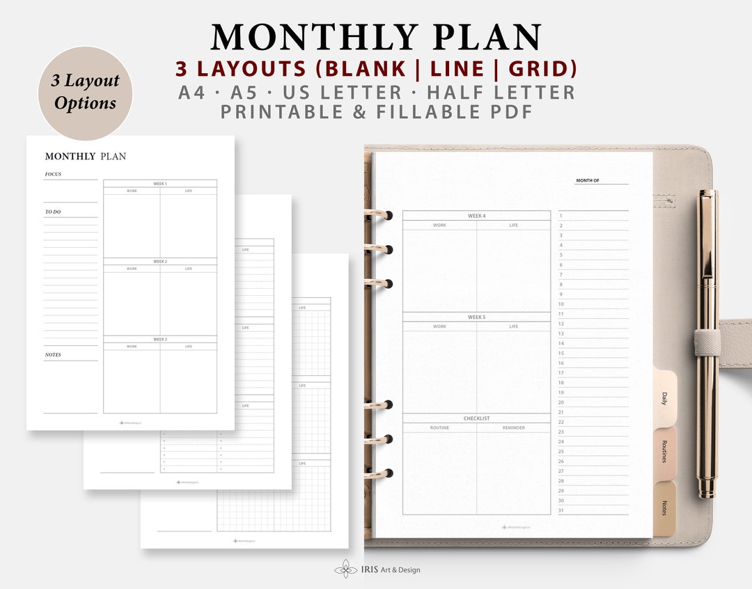 Monthly Planner Inserts Printable 2 Pages Monthly Work & Life to Do ...