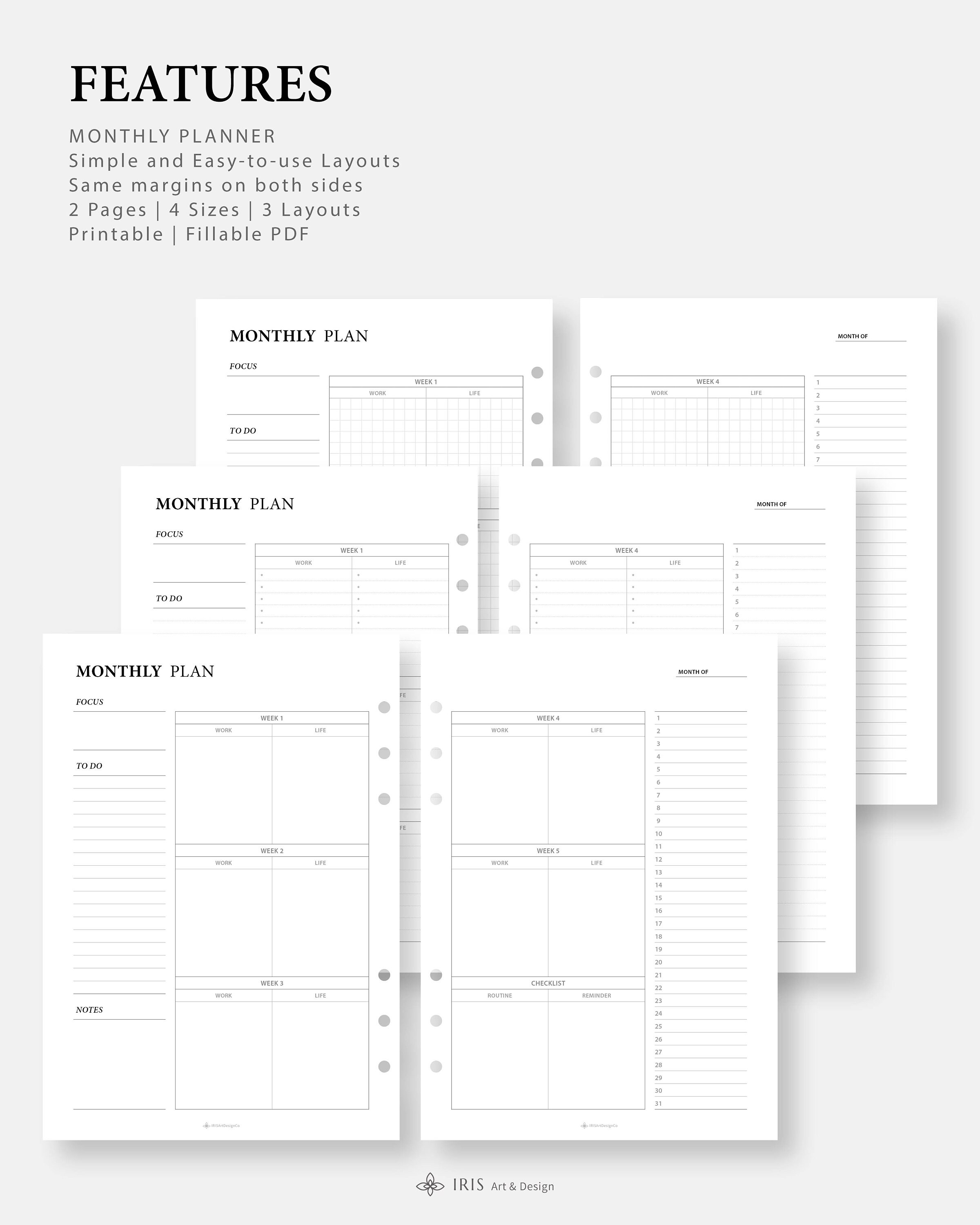 Monthly Planner Inserts Printable 2 Pages Monthly Work & Life to Do ...