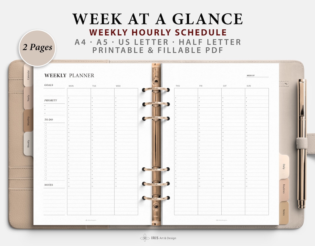 Weekly Hourly Schedule 2 Pages | Vertical Weekly Planner Refill ...
