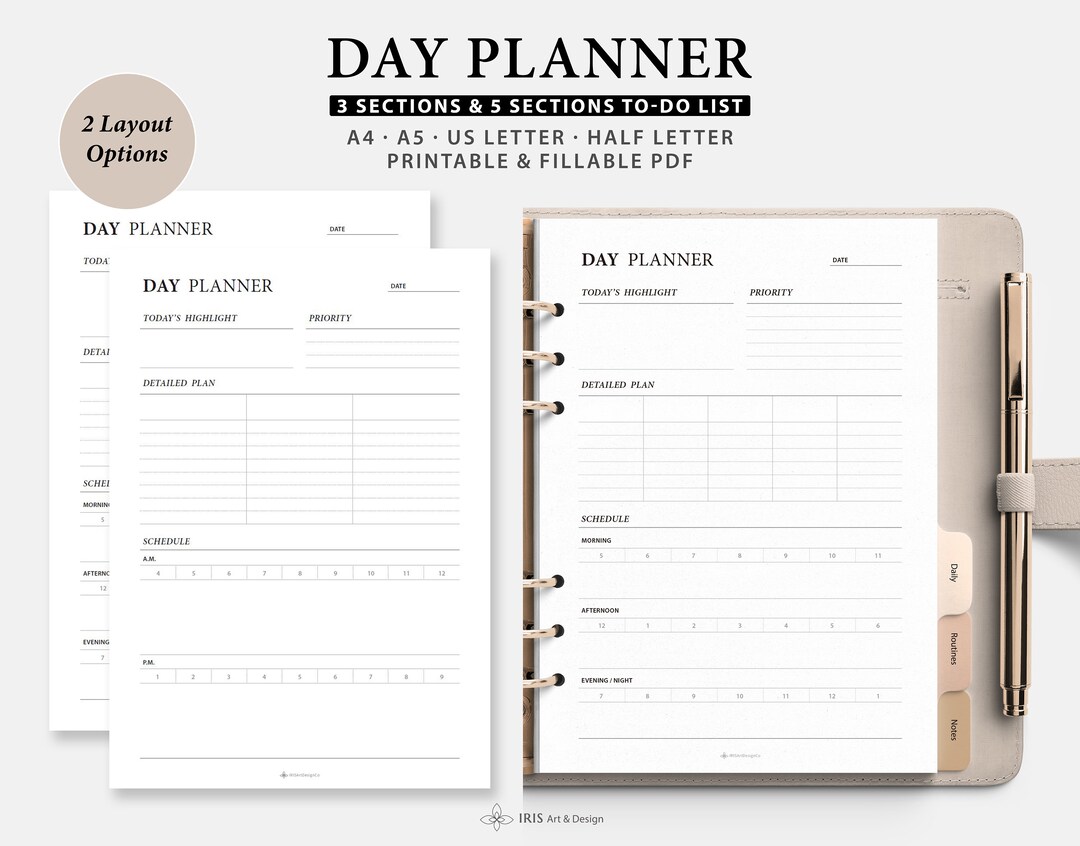 Day Planner Template | 3 Sections & 5 Sections Priority To-do List | AM ...