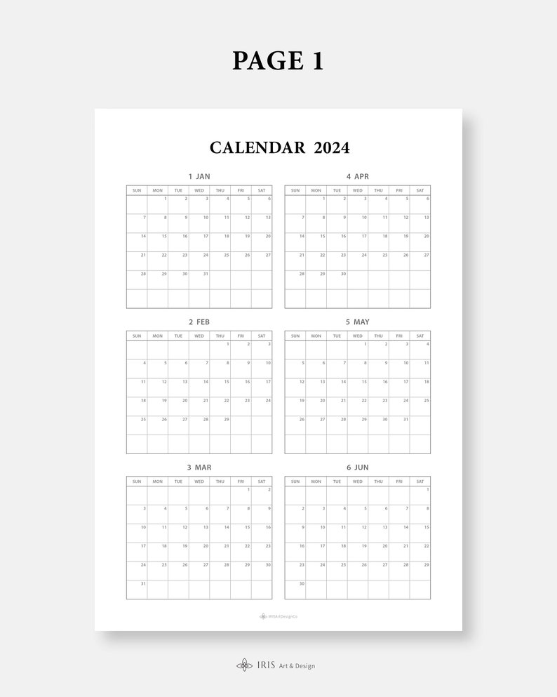 Calendar 2024 Printable 12 Months Schedule Yearly Calendar Inserts Year ...