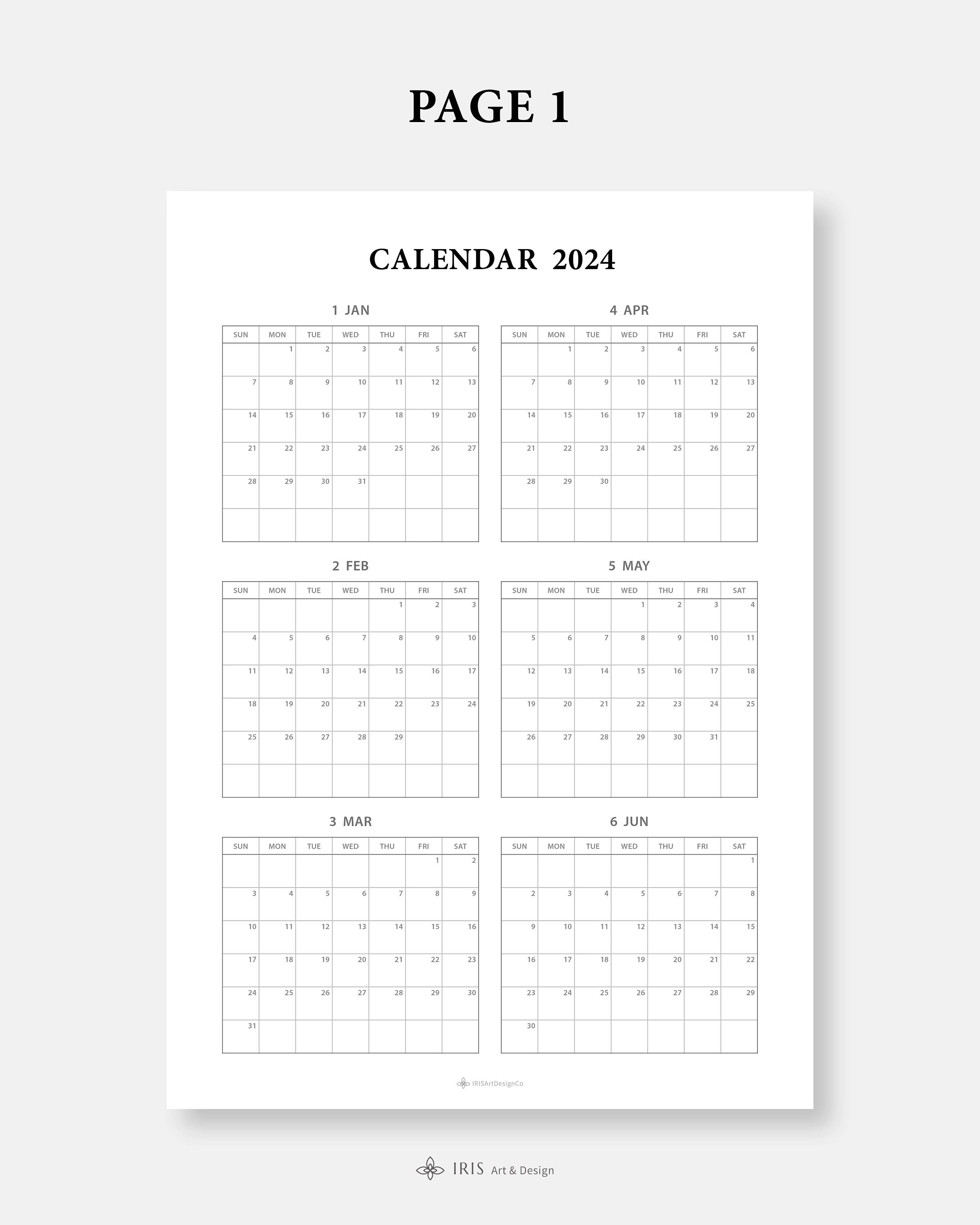 Calendar 2024 Printable 12 Months Schedule Yearly Calendar Inserts Year ...
