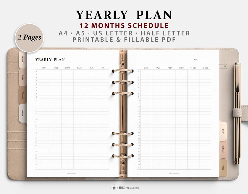 Year at a Glance Printable on 2 Pages | Yearly 12 Months Schedule ...