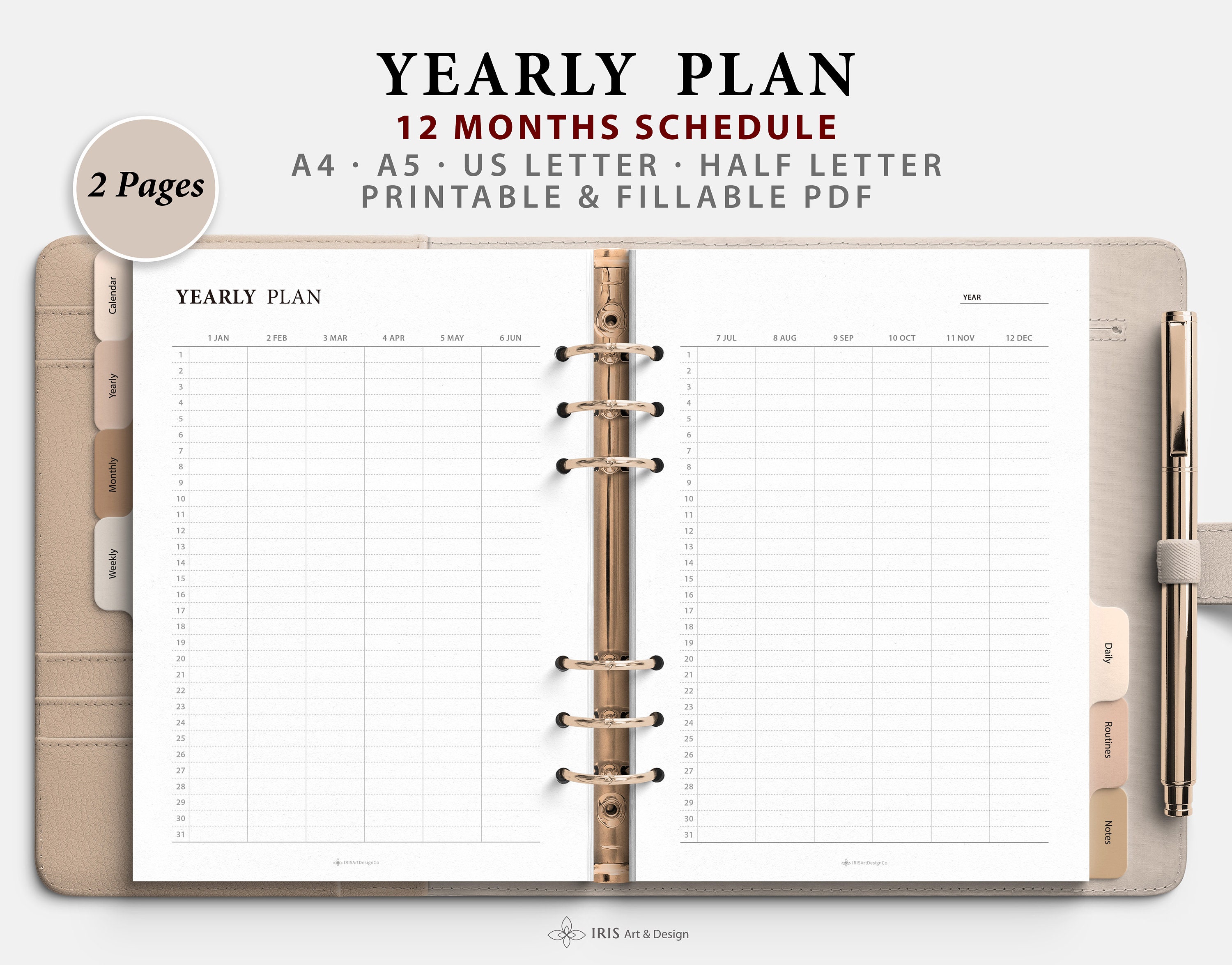 Year at a Glance Printable on 2 Pages | Yearly 12 Months Schedule ...