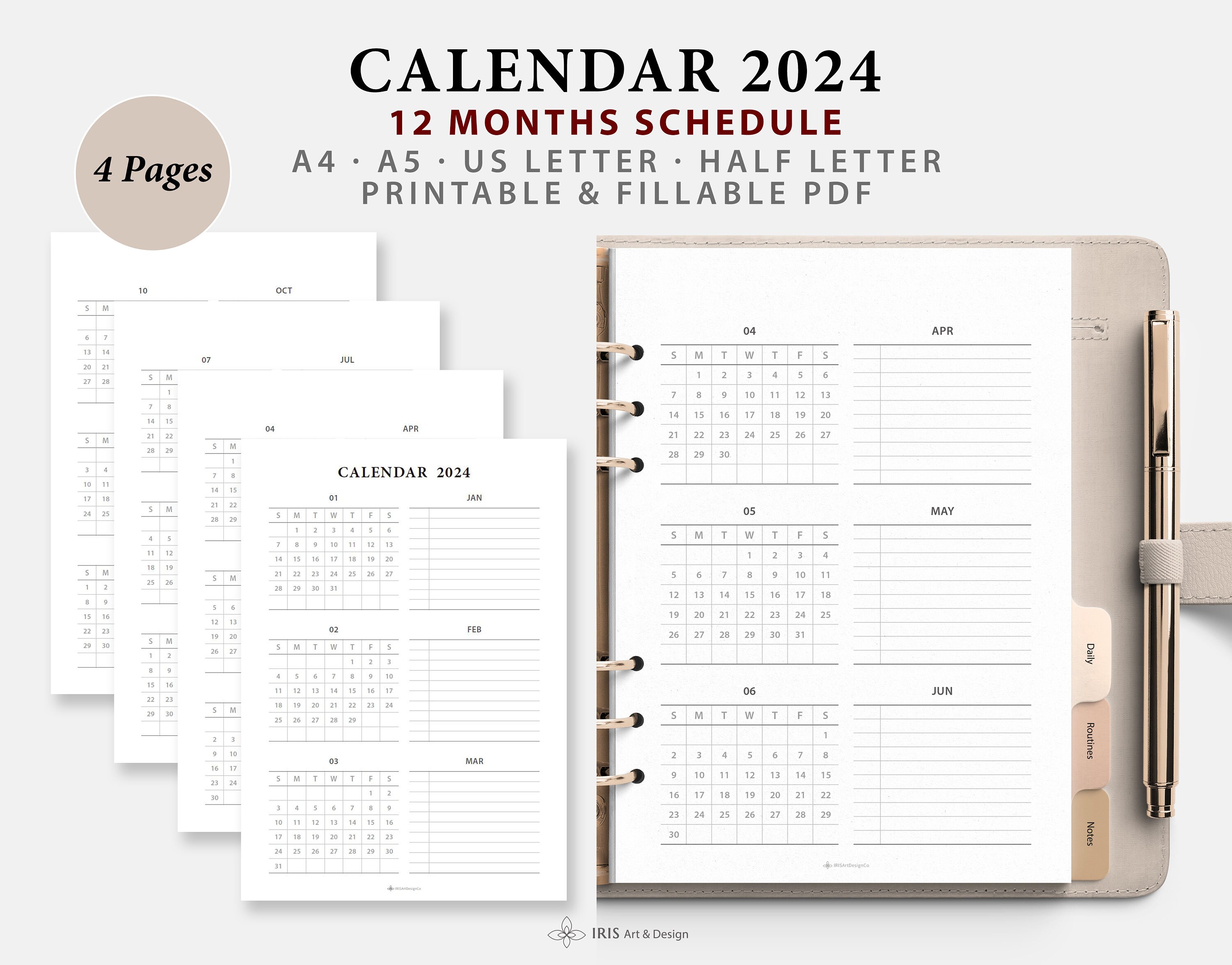 Calendar 2024 Template 12 Months Schedule Year on 4 Pages Calendar ...