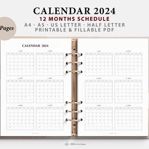 Calendar 2024 Printable 12 Months Schedule Yearly Calendar Inserts Year ...