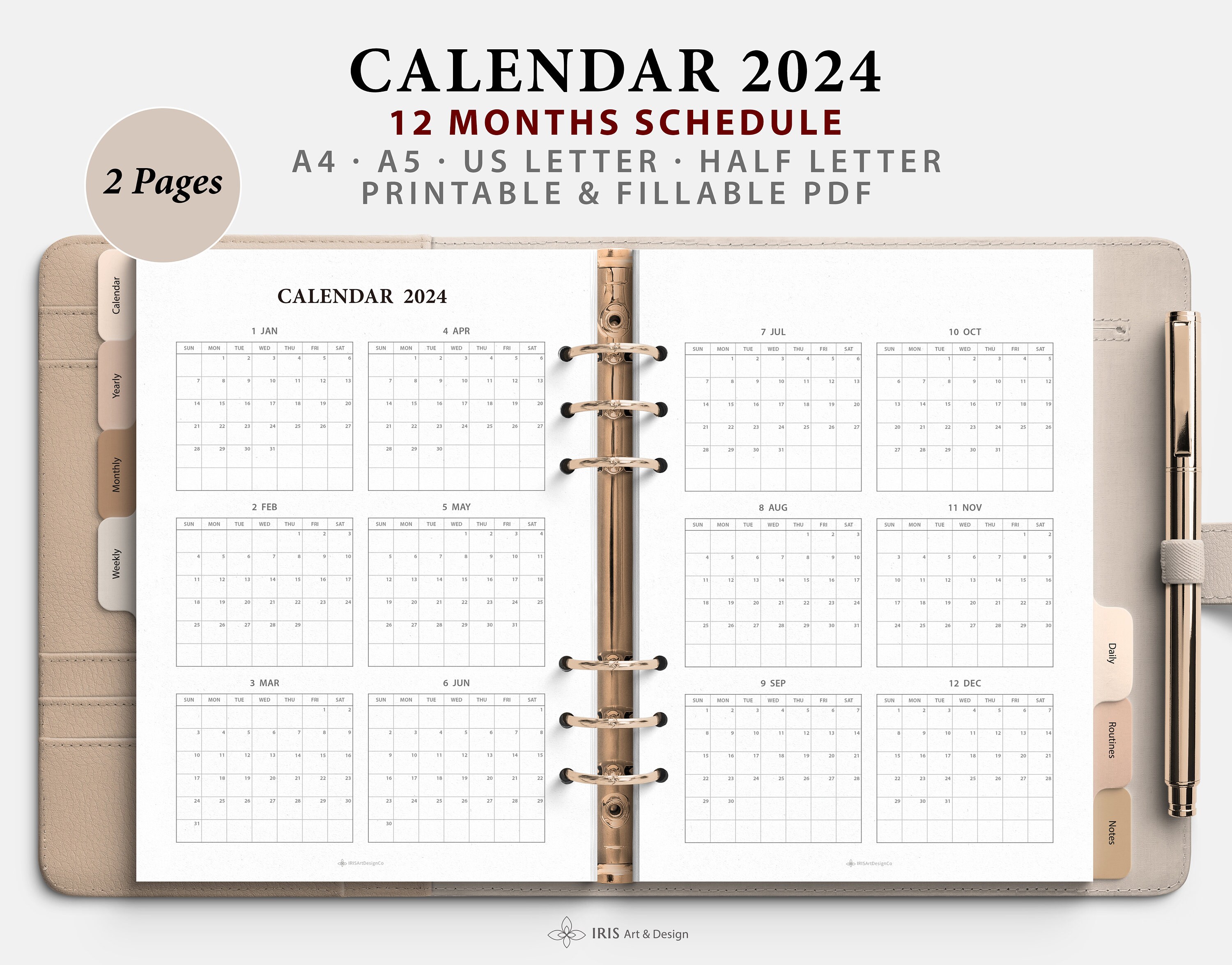 Calendar 2024 Printable 12 Months Schedule Yearly Calendar Inserts Year ...