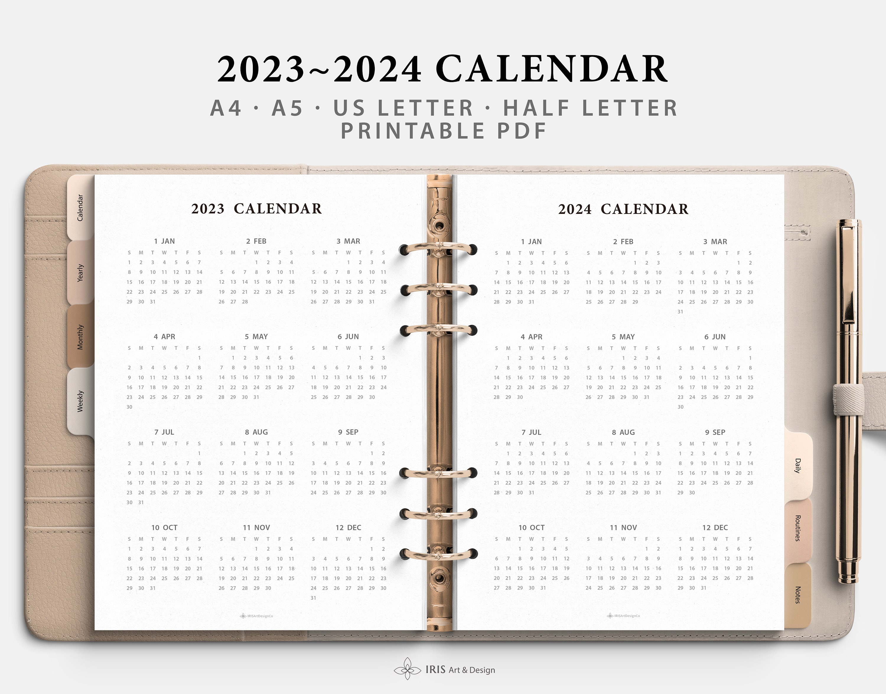 2023 2024 Calendar Printable | Year at a Glance Calendar Inserts | One ...