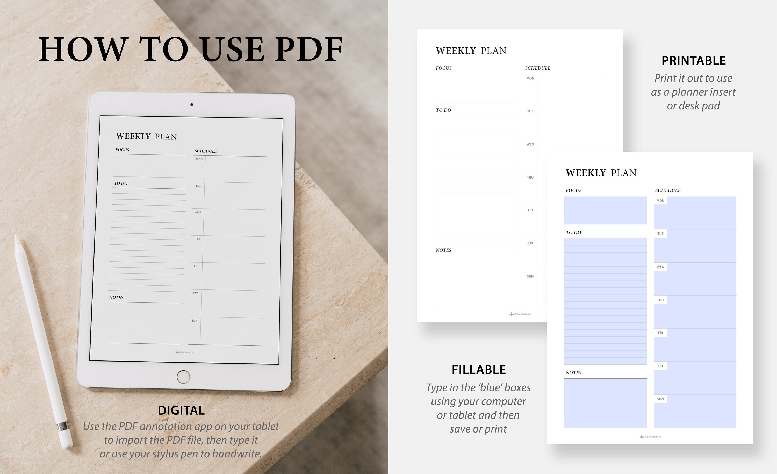 Weekly Planner 2 Pages Printable Week on Two Pages Weekly Overview Week ...