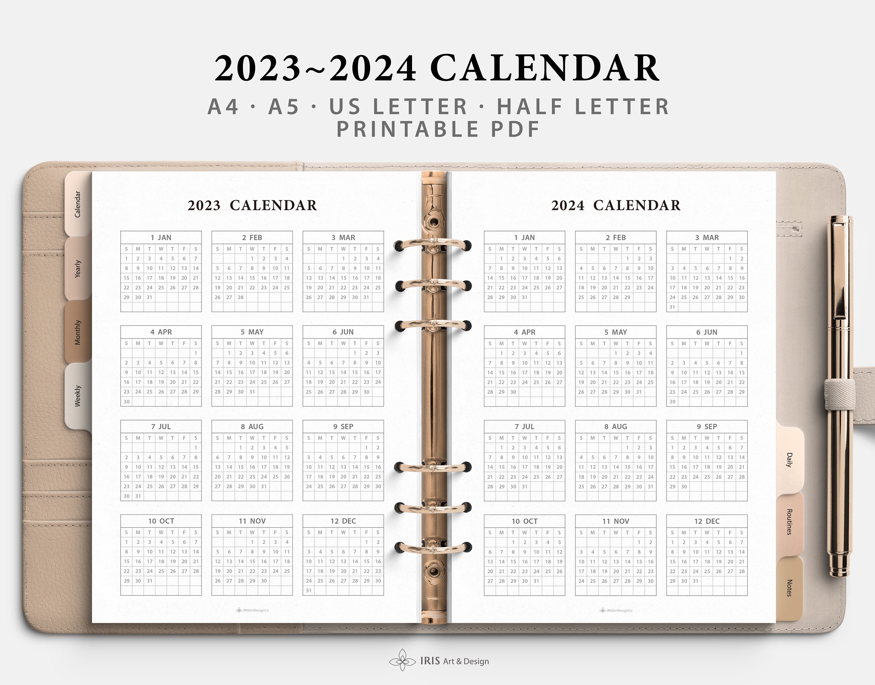 2023 2024 Calendar Printable Calendar Template Inserts Yearly Calendar ...