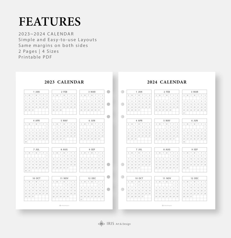 2023 2024 Calendar Printable Calendar Template Inserts - Etsy