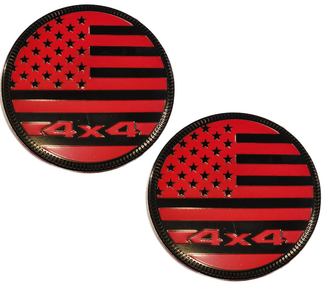 TWO- 4x4 Metal 3D American Flag Emblems 2.4" Black & Red Round USA ...