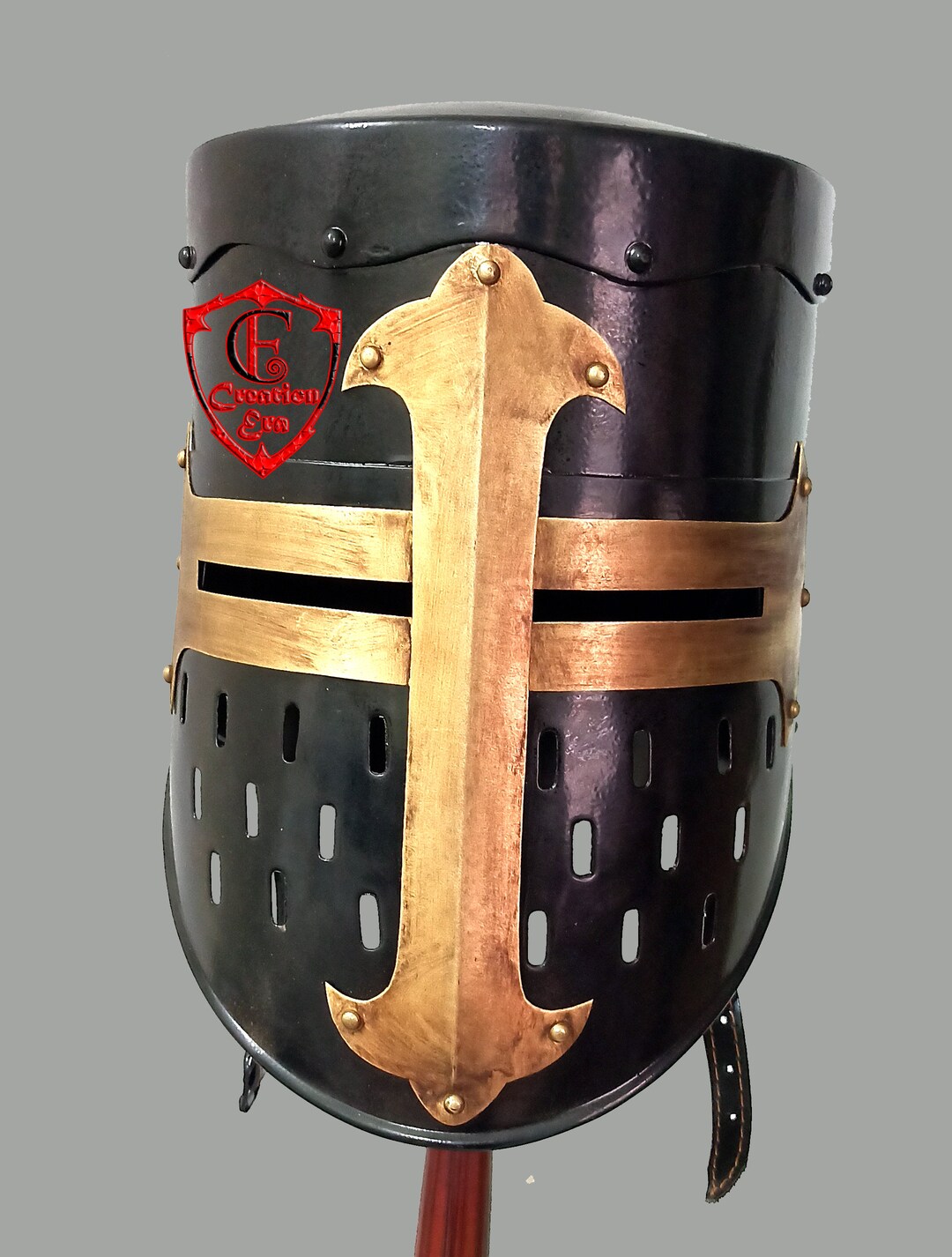 Medieval Black Crusader Knight Helmet With Black Finish Brass Design ...