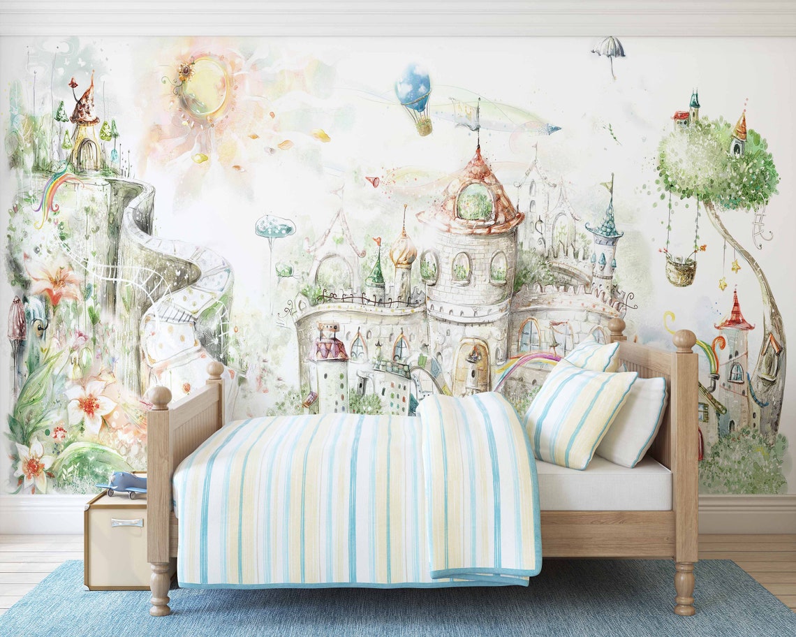 Fairy Tale Wallpaper A Small Town With Cute Paths and A Big | Etsy