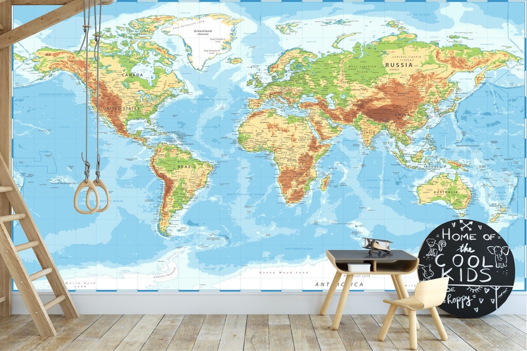 World Physical Geography Map Peel and Stick Wallpaper - Etsy