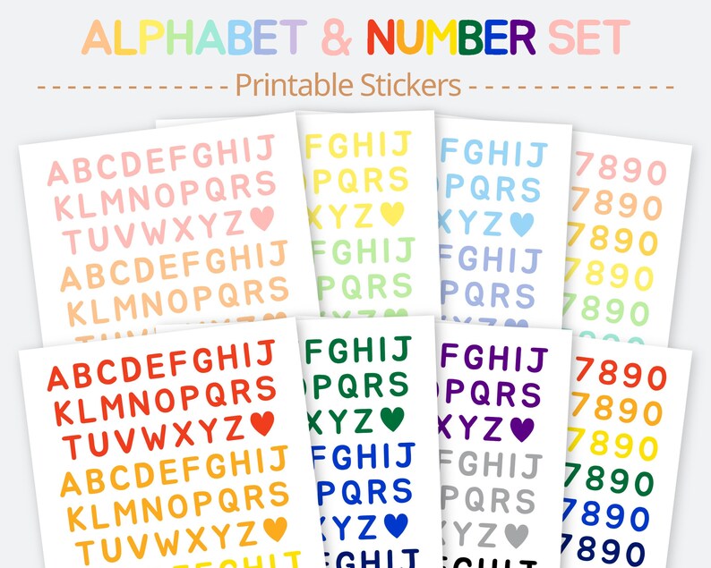 Alphabet & Number Printable Sticker Set 8 Sheets Planner, Journal ...
