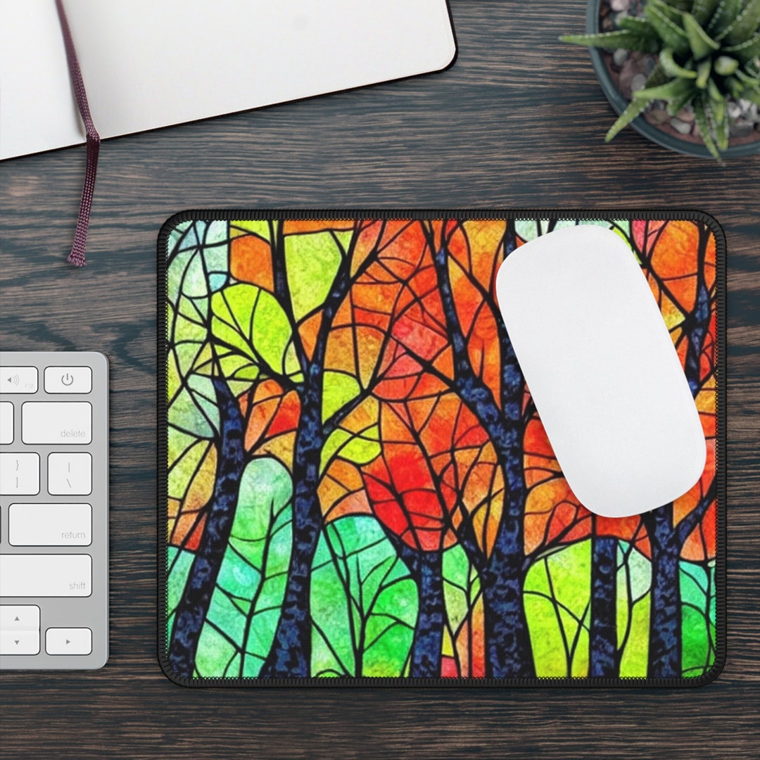 Colorful Trees Stained Glass Style Mouse Pad, Orange Tree Leaves Mouse ...