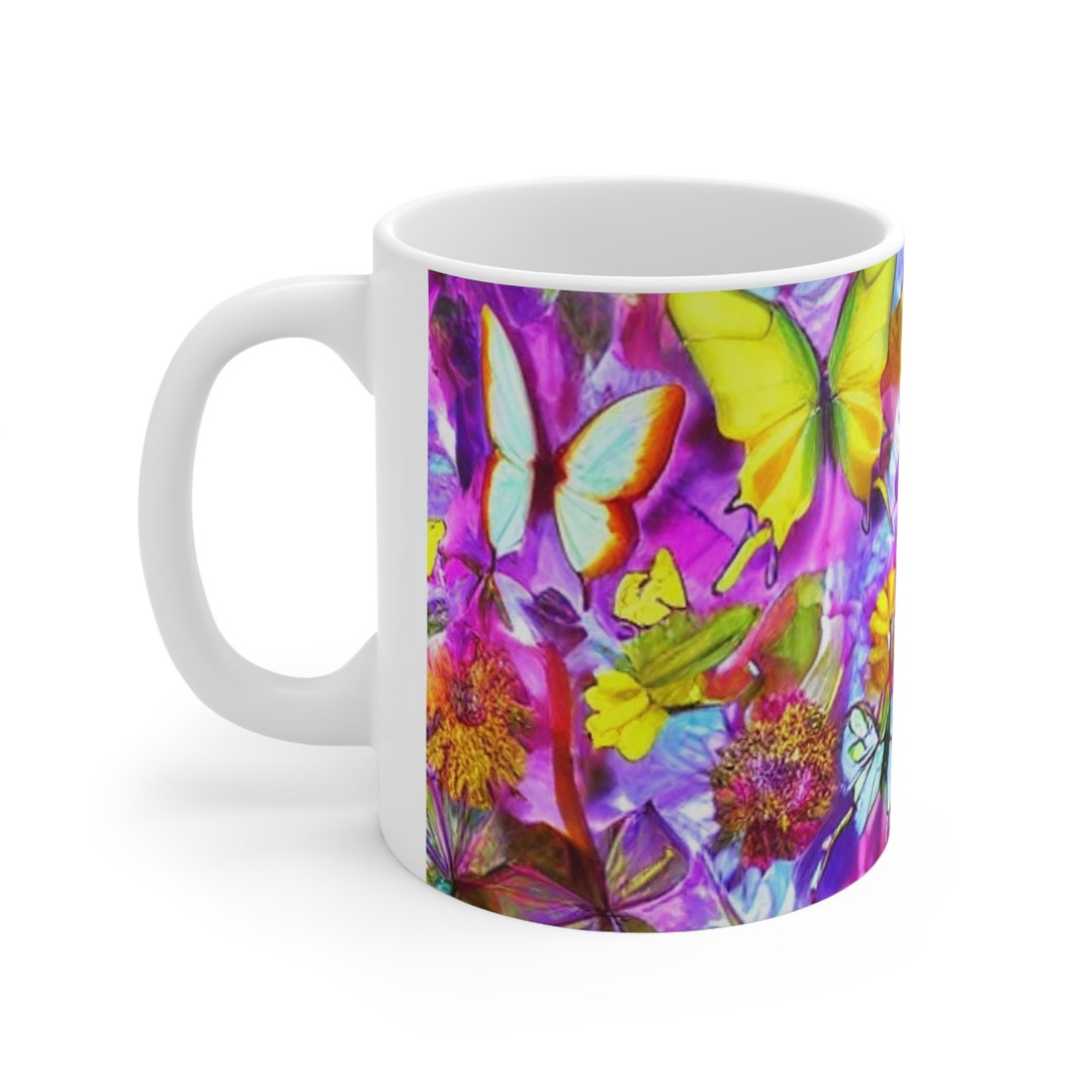 Butterfly Mug, Pink Floral Mug, Yellow Watercolor Floral Mug ...