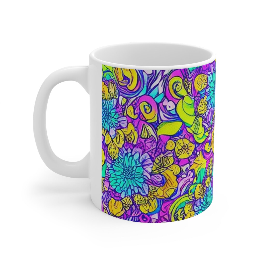 Psychedelic Floral Mug, Retro Coffee Mug, 11oz Ceramic Coffee Mug ...