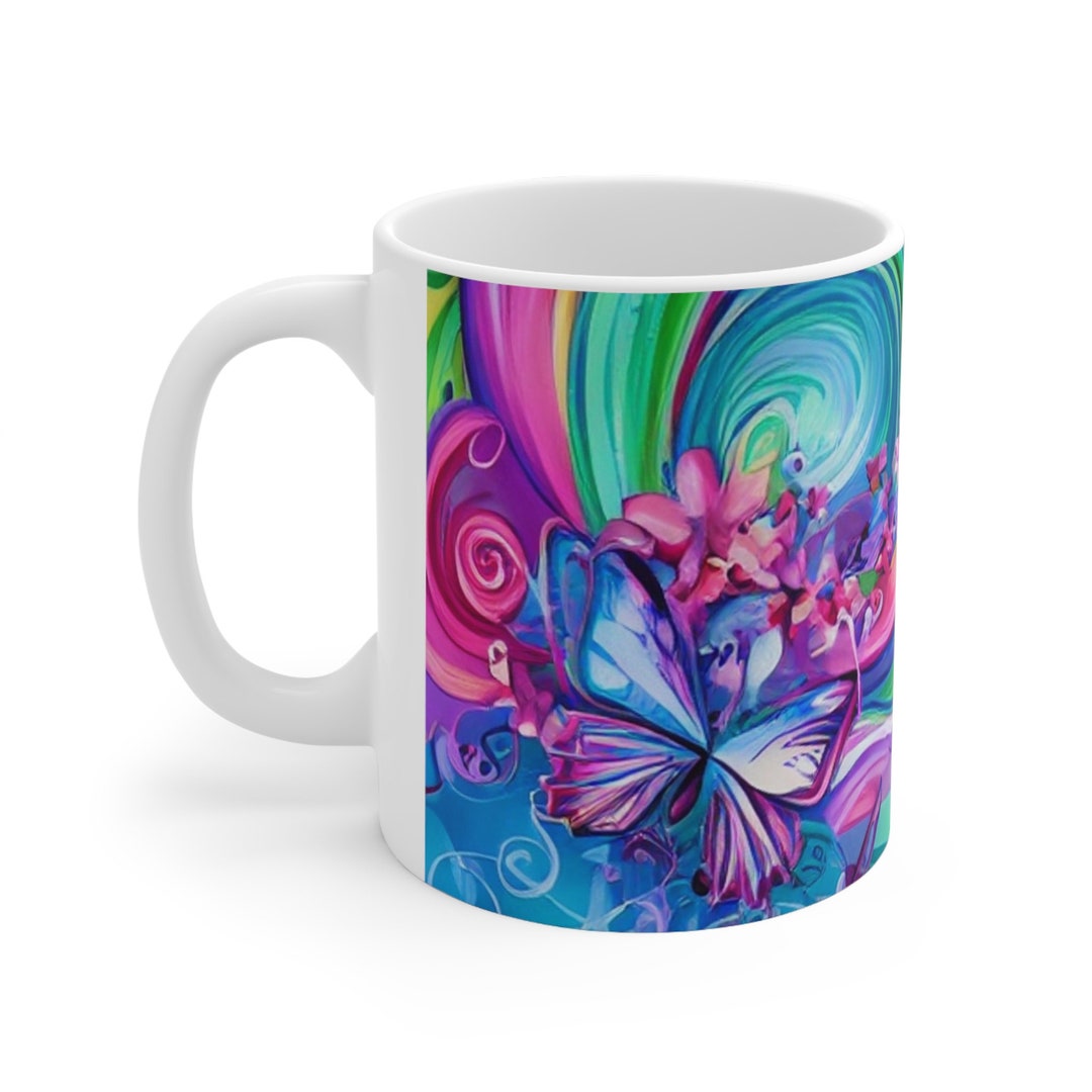 Butterfly Floral Mug, Psychedelic Mug, Whimsical Floral Mug, Butterfly ...