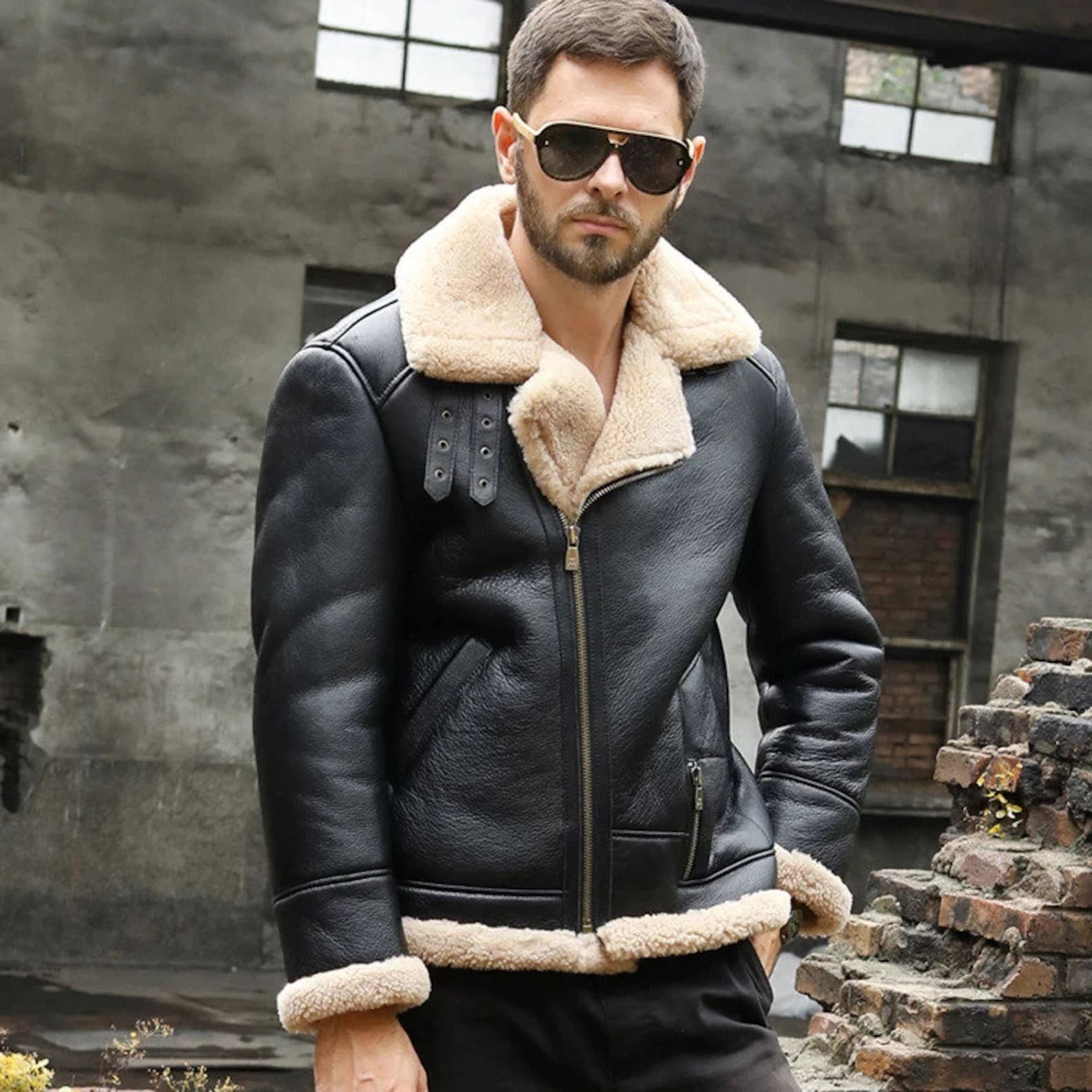 Men's B3 Bomber Aviator Shearling Sheepskin Leather Winter Jacket Men's ...