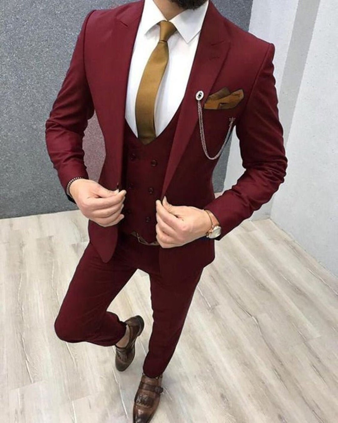 Burgundy Suit Men's Date Night Ideas Suit Plaid , 3 Piece Prom Tuxedo ...