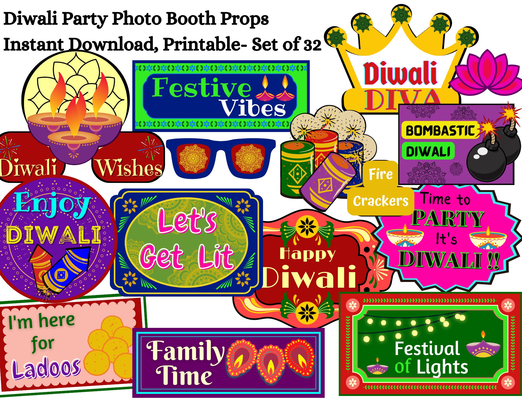 32 Diwali Themed Party Props Diwali Photo Booth Props Indian - Etsy UK