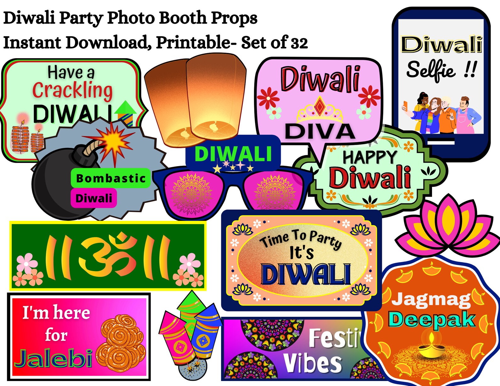 32 Diwali Themed Party Props Diwali Photo Booth Props Indian - Etsy