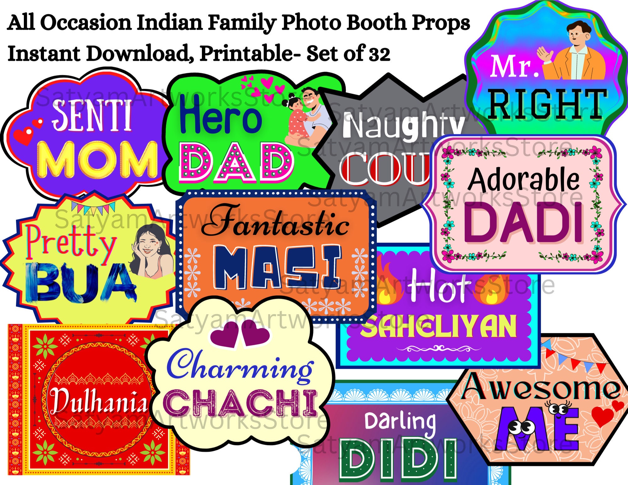 32 Family Photo Booth Props, Indian Party Signs, Bridal Shower Props ...
